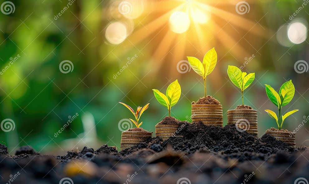 Saving Money Concept, Tree Growing on Coins Stack with Sun Ray Stock ...