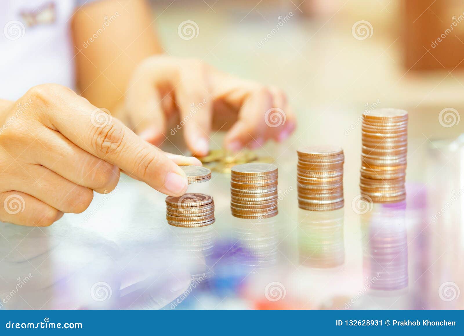 Saving Money. Female Hand Stack Coins Stock Image - Image of business ...