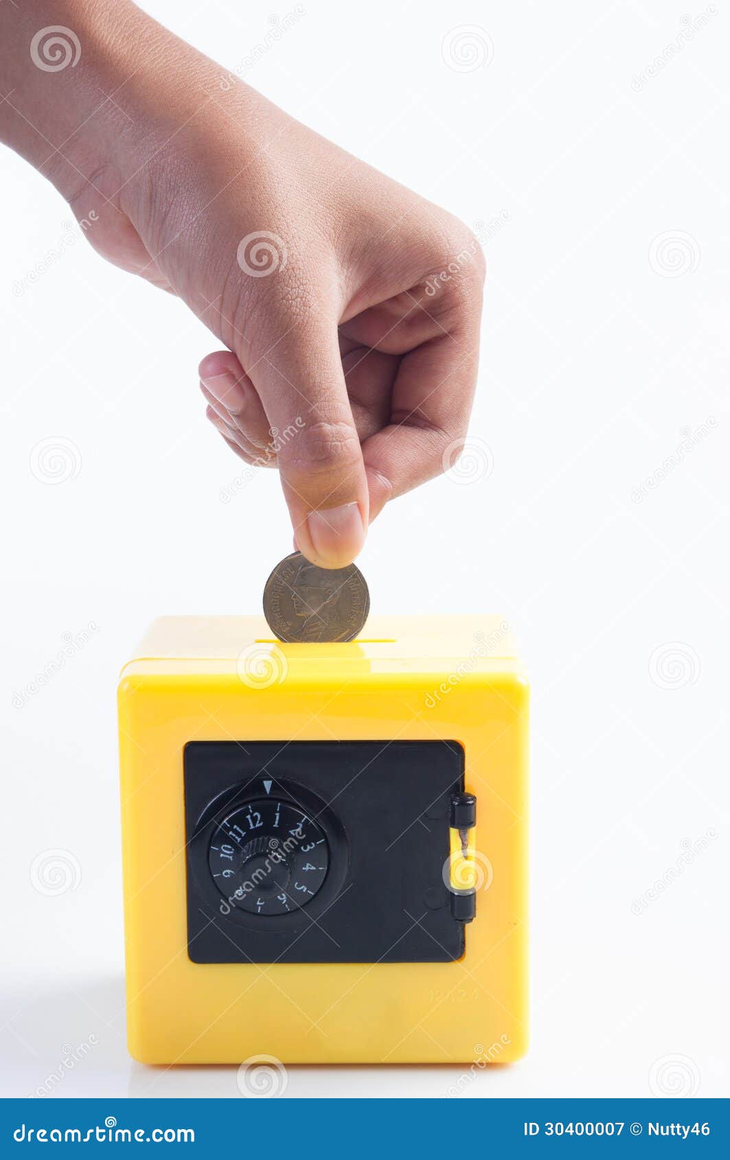 Saving Money, Hand is Putting Coin into Safe Bank Stock Image - Image ...