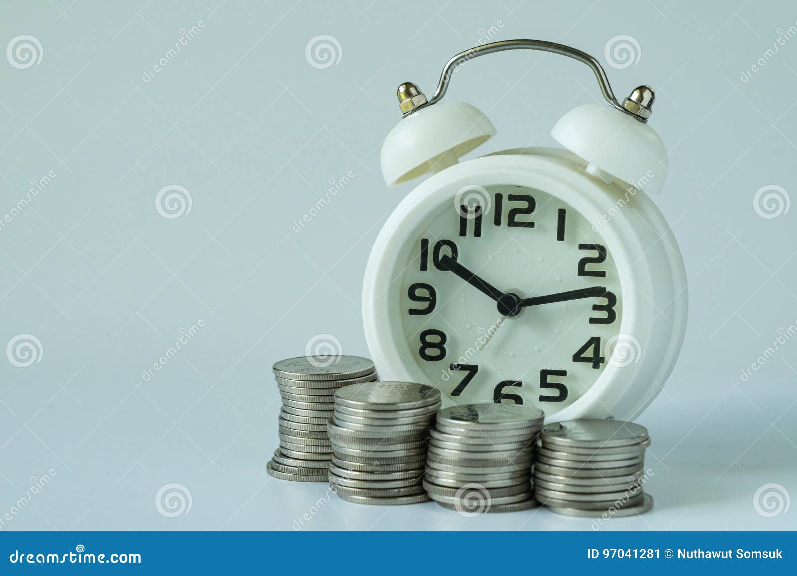 Saving or Time Countdown Concept As White Alarm Clock and Stack Stock ...
