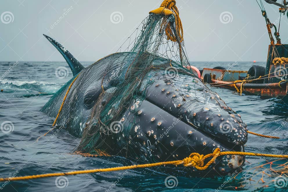 Saving a Big Whale from a Net, Rescue Mission Stock Illustration ...
