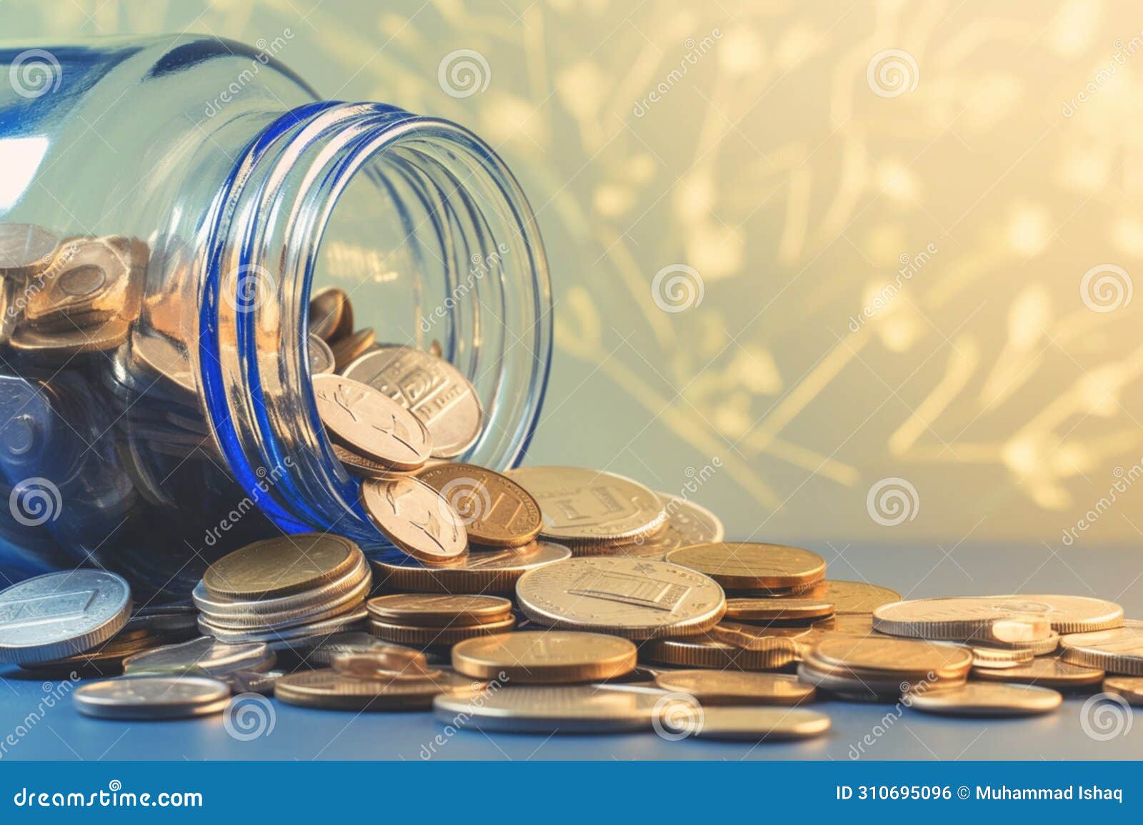 Savings Overflow Coins with a Car Label Spill on Table Stock ...