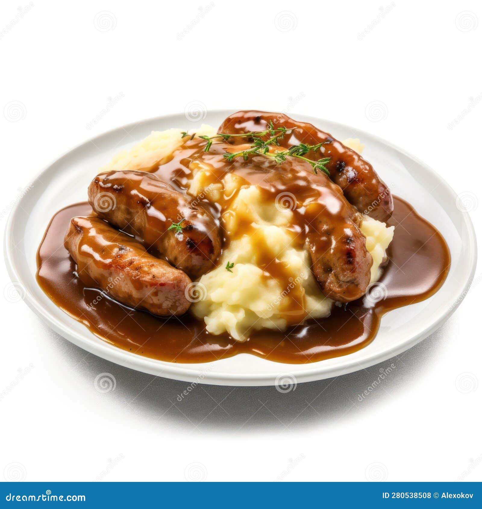 Savory British Bangers and Mash with Gravy on a Plate . Stock ...