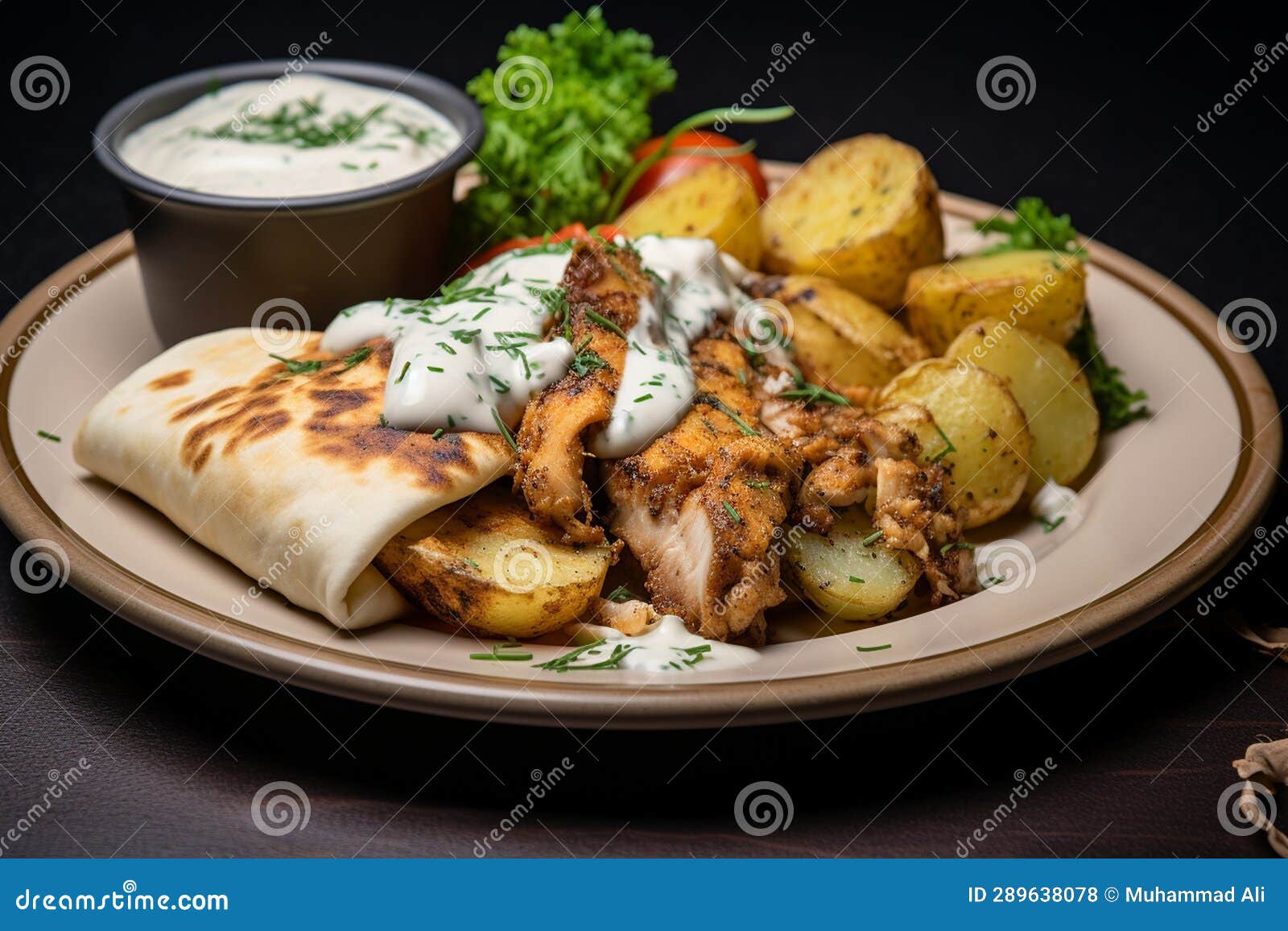 Savory Chicken Shawarma Platter with Potatoes and Garlic. Generative AI ...
