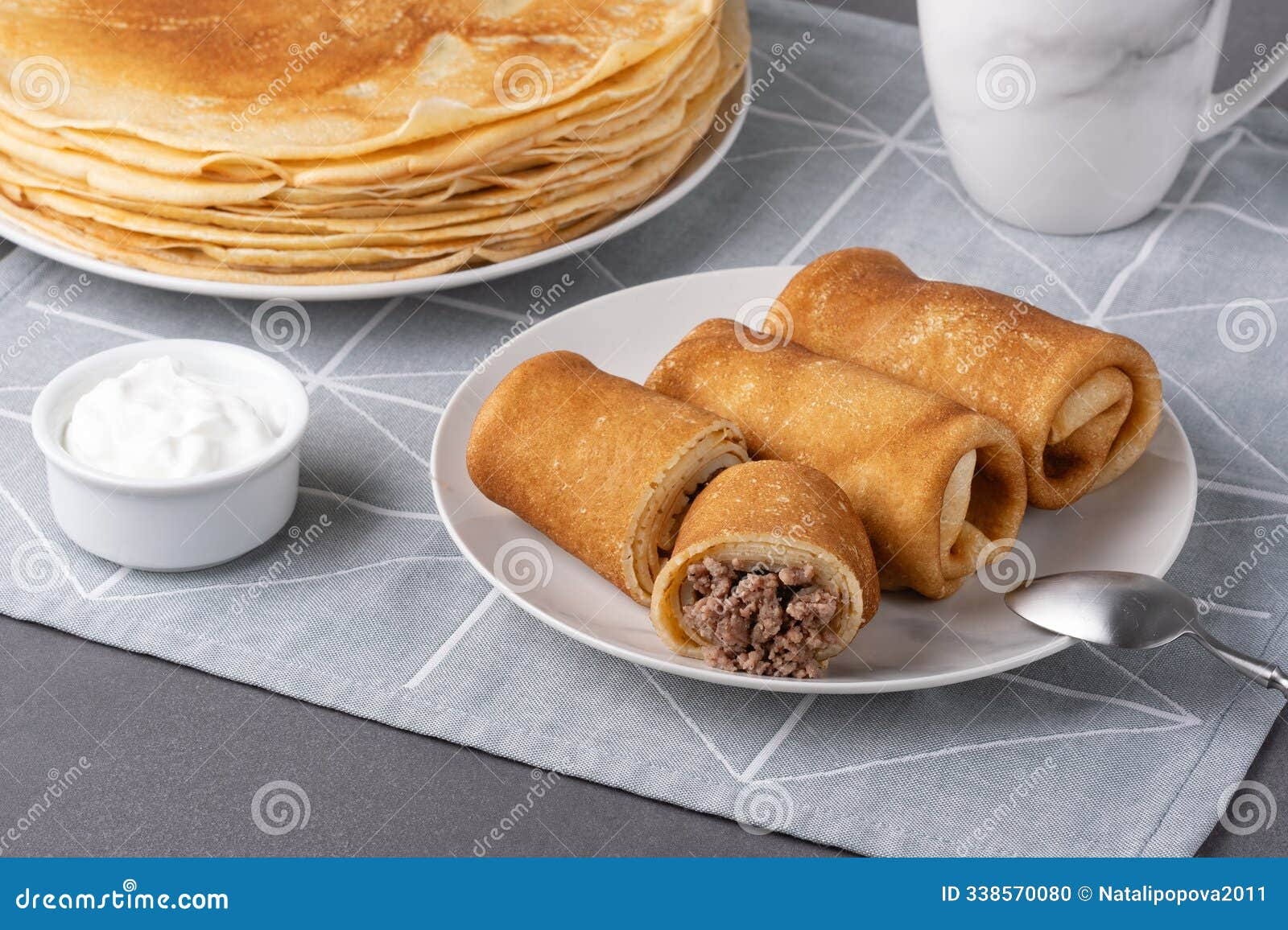 Savory Pancake Rolls Stuffed with Ground Meat, Isolated on Grey ...
