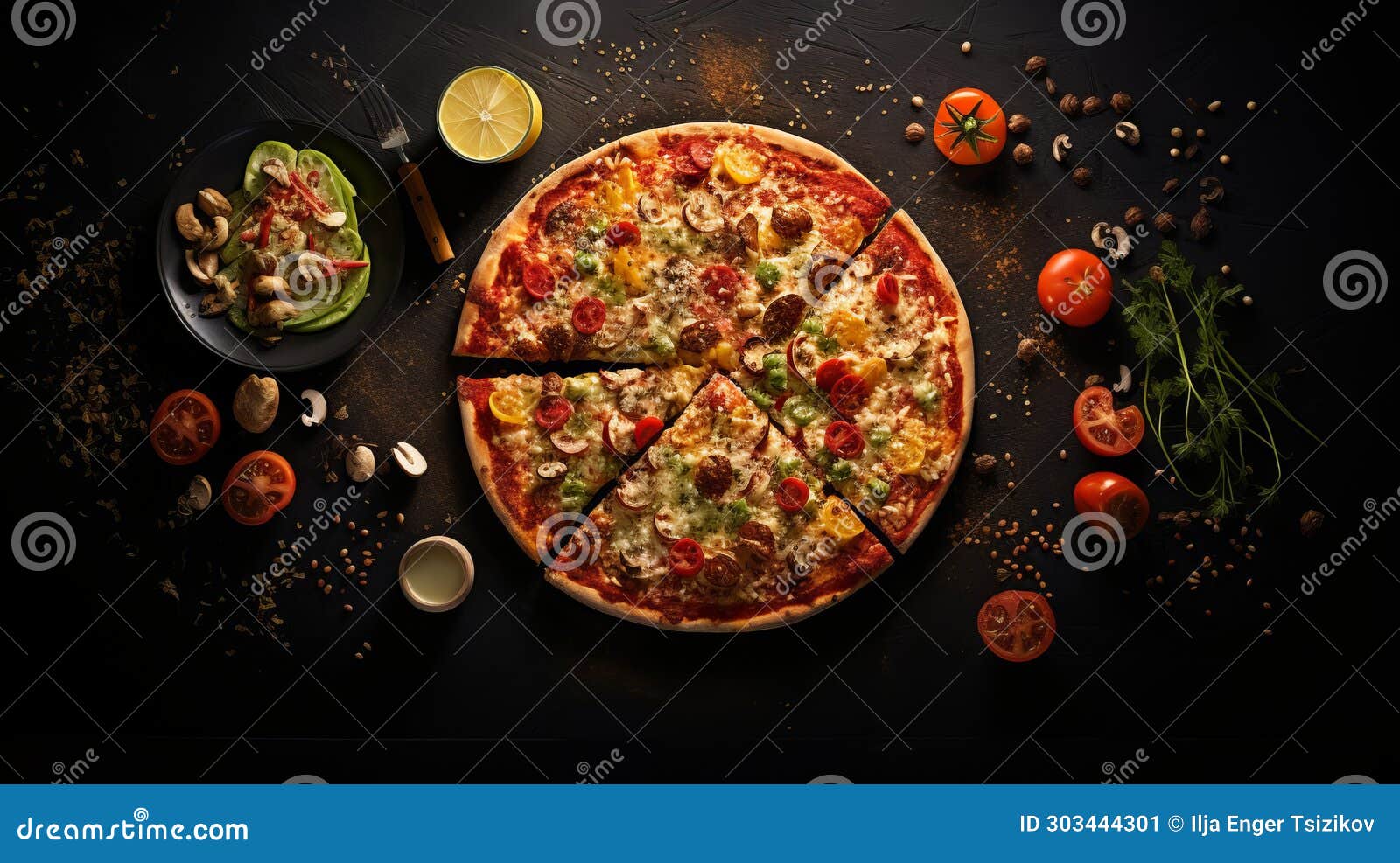 Savory Pizza on Black Stone, Top View with Fresh Ingredients, Empty ...