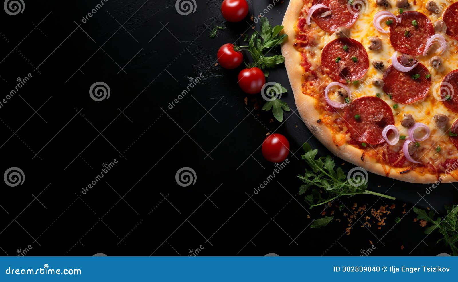 Savory Pizza on Black Stone, Top View, Mouthwatering Toppings, Left ...