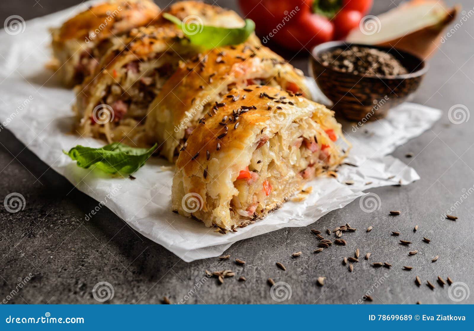 Savory Strudel with Sour Cabbage, Bacon and Onion Stock Image - Image ...