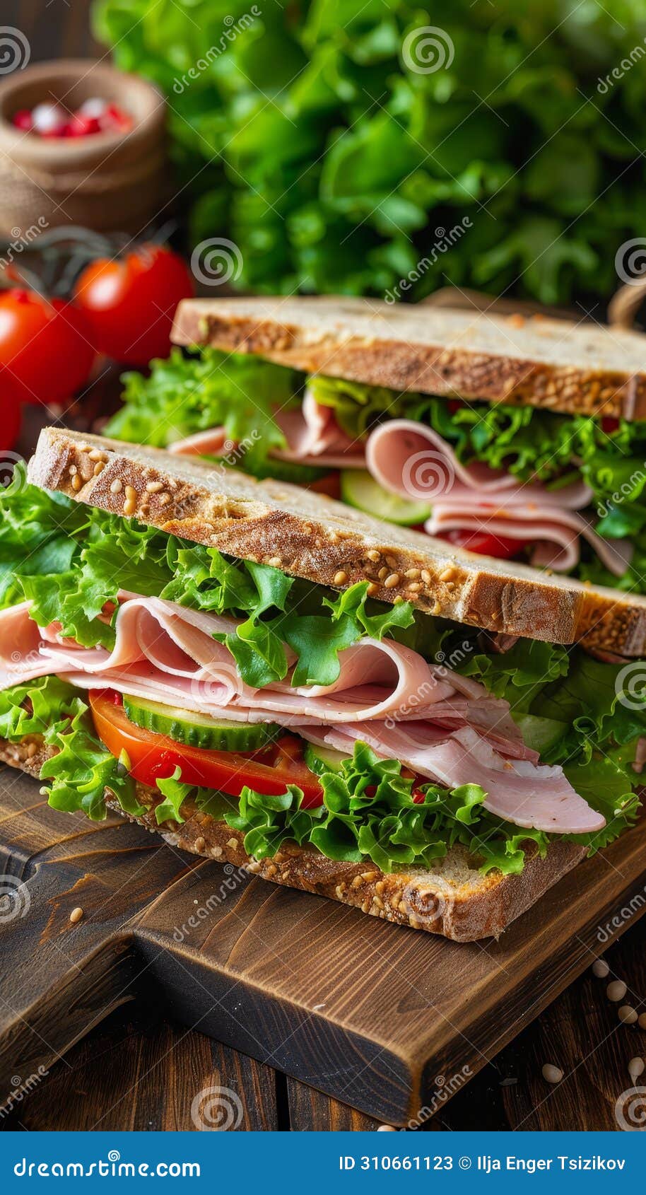 Savory Triangle Sandwich Featuring Layers of Ham, Cheese, Tomato, and a ...