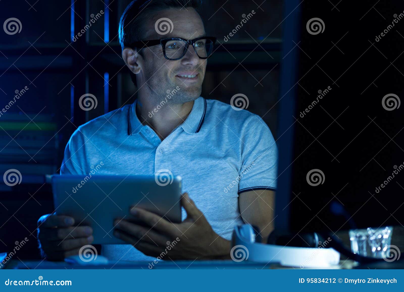 Savvy Thoughtful Man Using Many Gadgets Stock Photo - Image of business ...