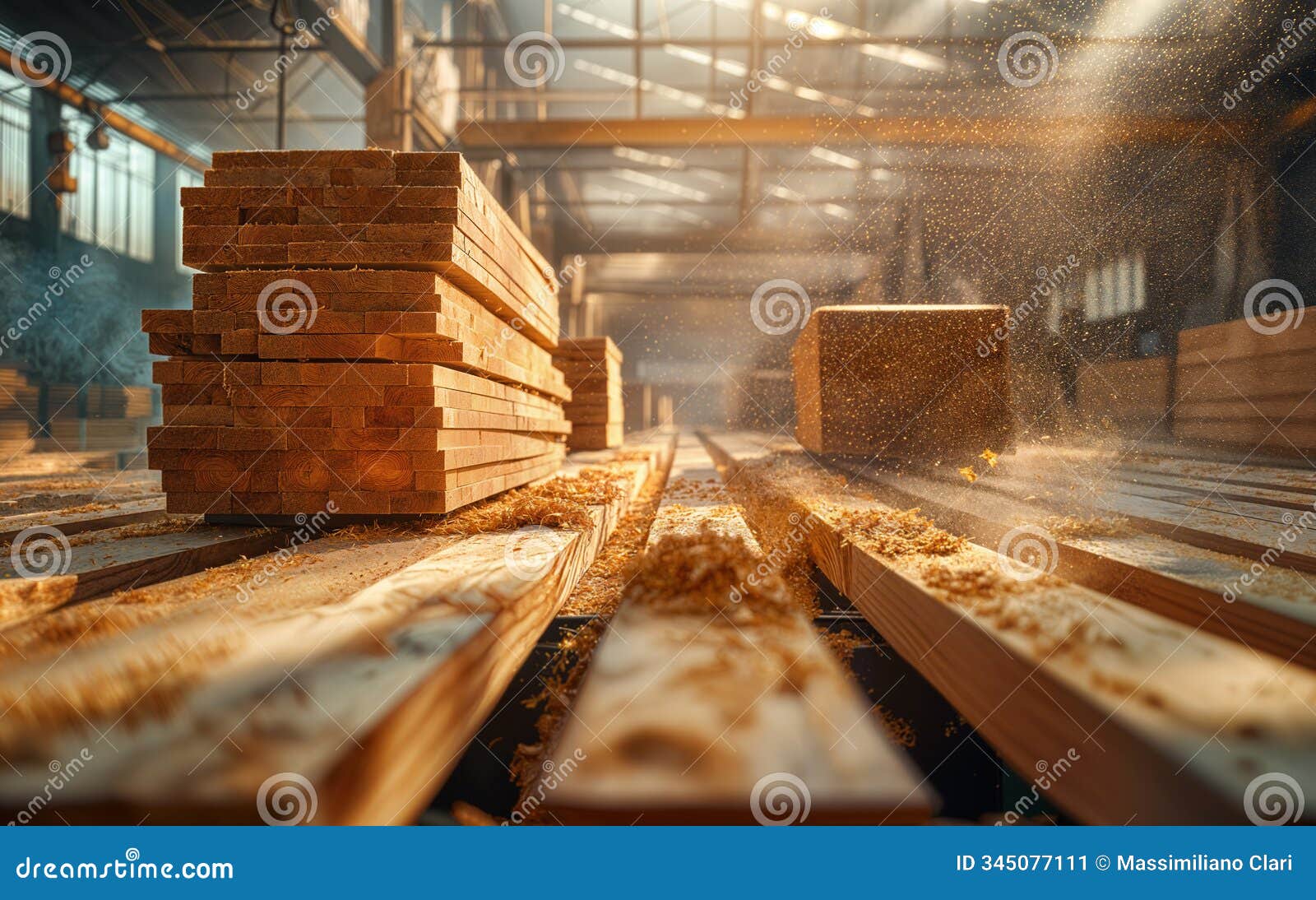 Sawdust Flying in Woodworking Factory Processing Lumber Planks Stock ...