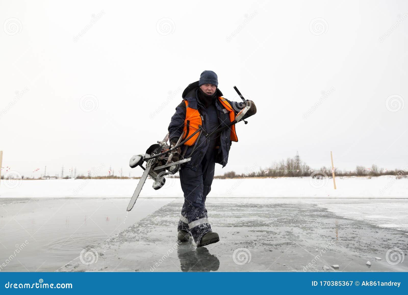 Sawing Machine on the Ice of a Frozen Lake Stock Image - Image of ...