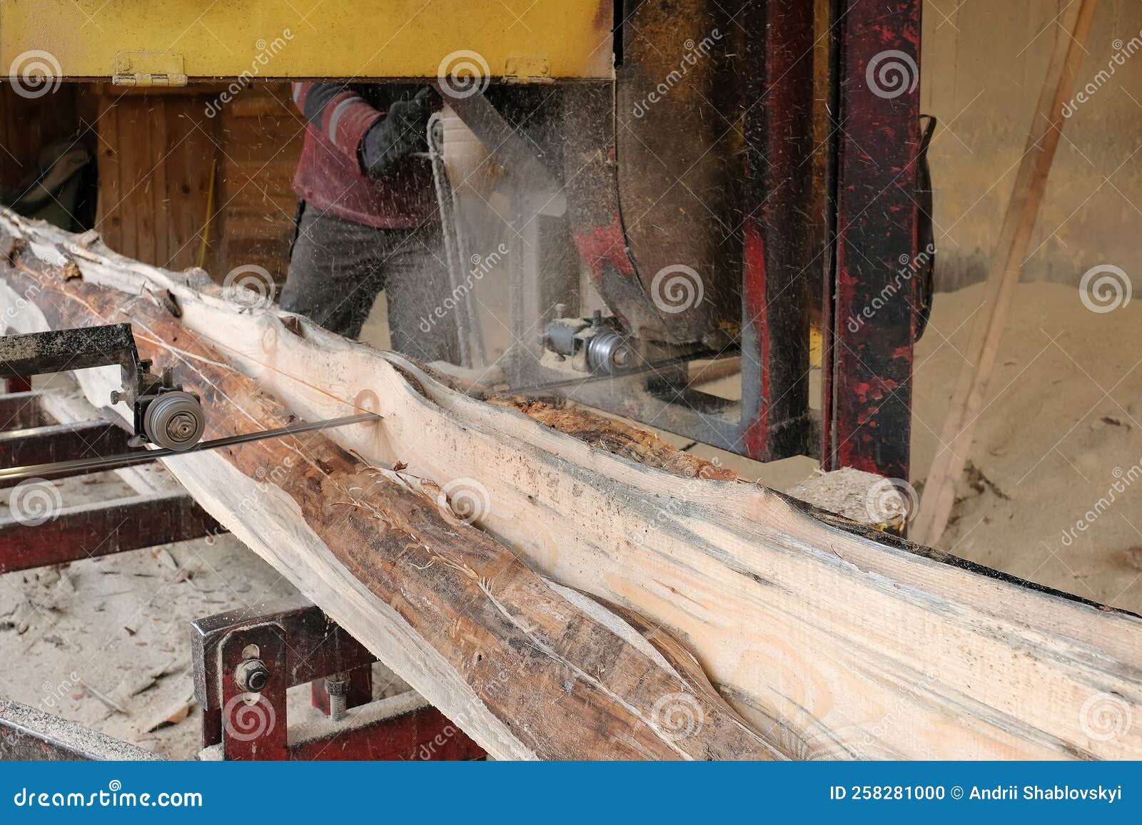 Sawing a Pine Log at an Old Sawmill. Timber Industry Stock Photo ...