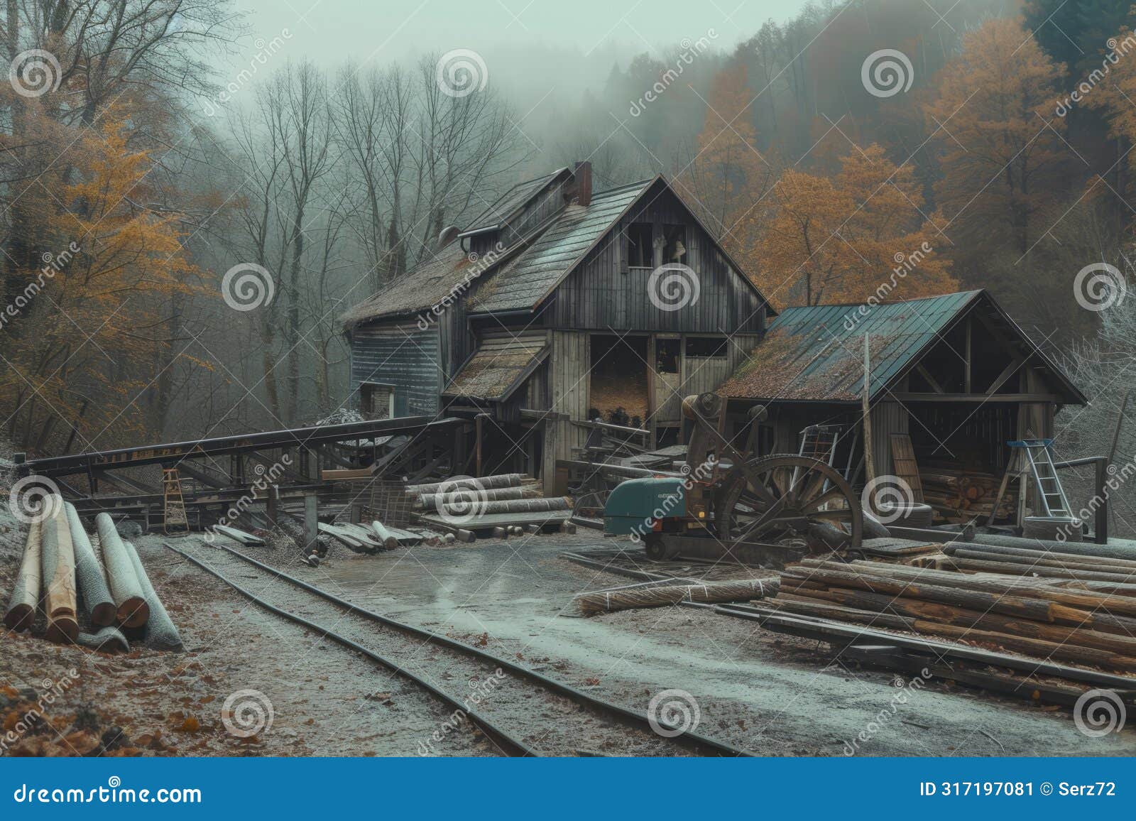 Sawmill, Sawmill Buildings with Equipment with Logs in the Forest Stock ...