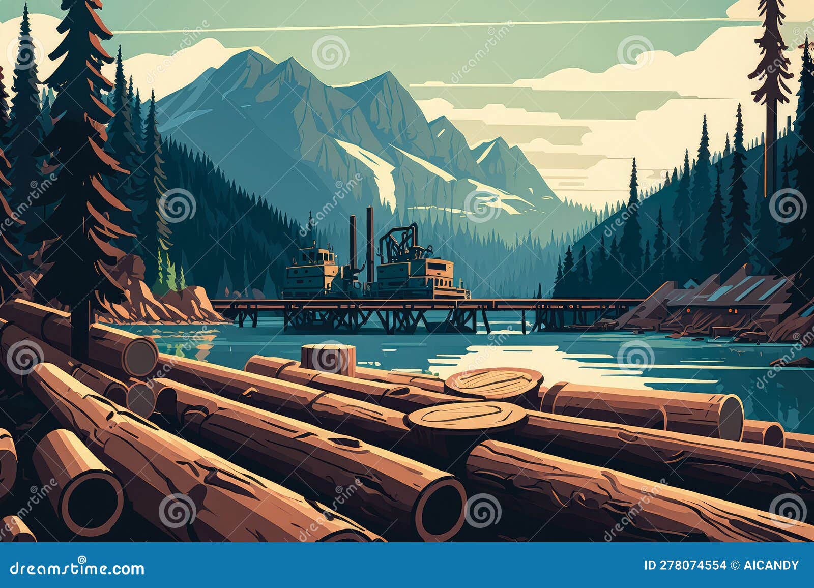 Sawmill by the River with Logs Being Floated Downstream and Processed ...