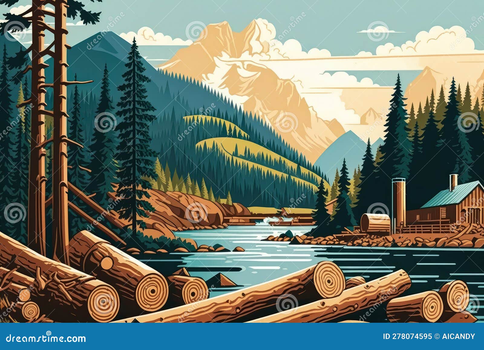 Sawmill by the River with Logs Being Floated Downstream and Processed ...