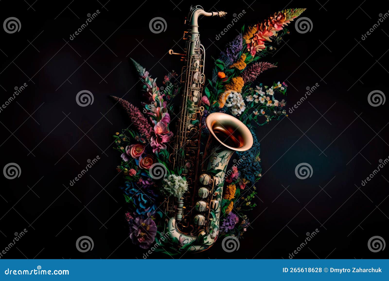 Saxophone in Flowers, on Black, Creative Concept. Generative AI Stock ...