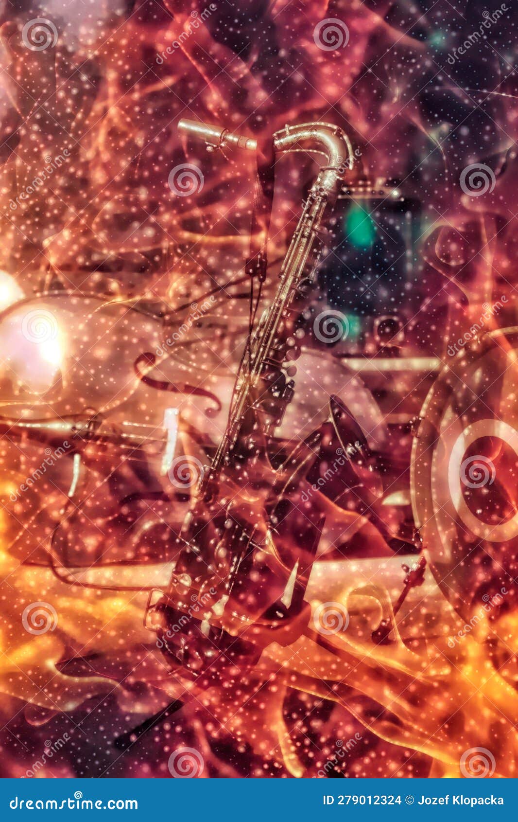 Saxophone with Musical Instruments in the Background. Fire Effect ...