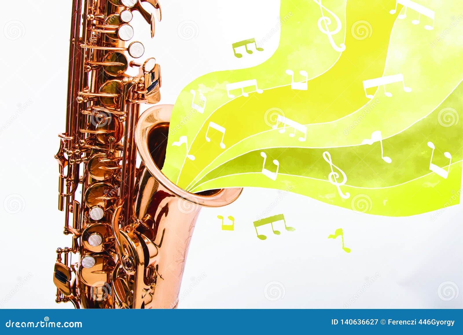 Copper Saxophone with Notes with Yellow Background Stock Image - Image ...