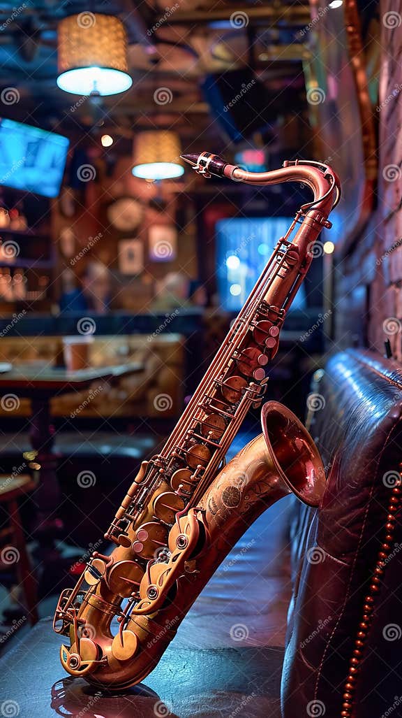 A Saxophone Sitting on a Leather Couch Stock Image - Image of jazz ...
