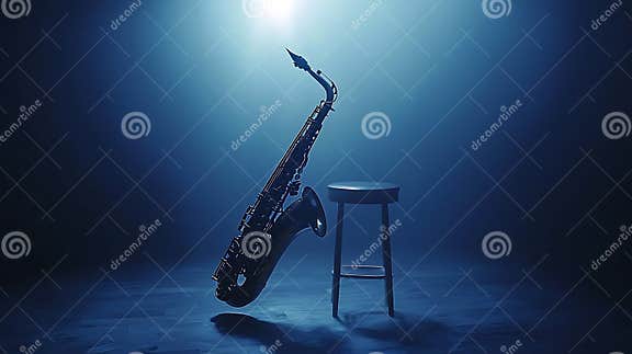 Saxophone and Stool in Blue Light Stock Image - Image of classic ...