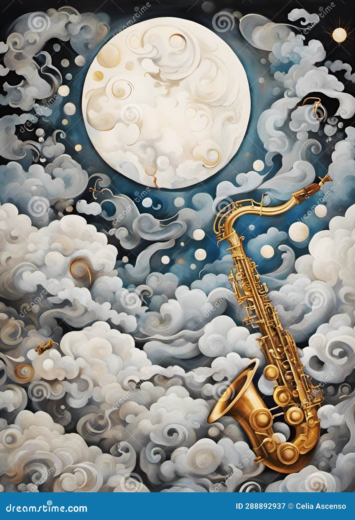 Saxophone Under the Full Moon Stock Illustration - Illustration of ...