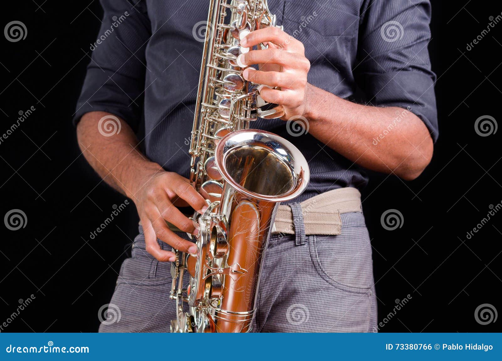 Saxophone View with Hands Playing it, View of the Front Stock Photo ...
