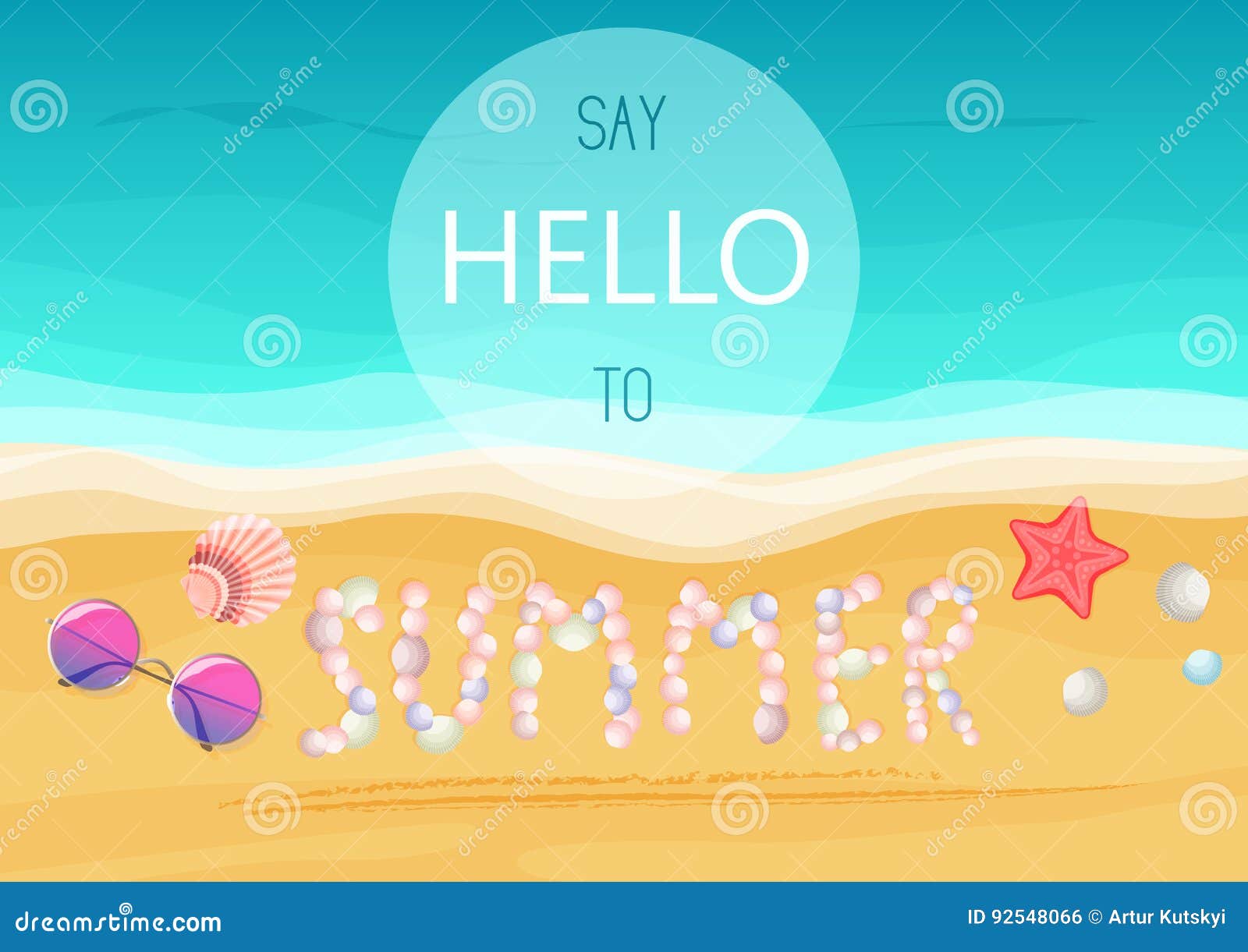 Say Hello To Summer Text on Sandy Seashells Shore. Vector Illustration ...