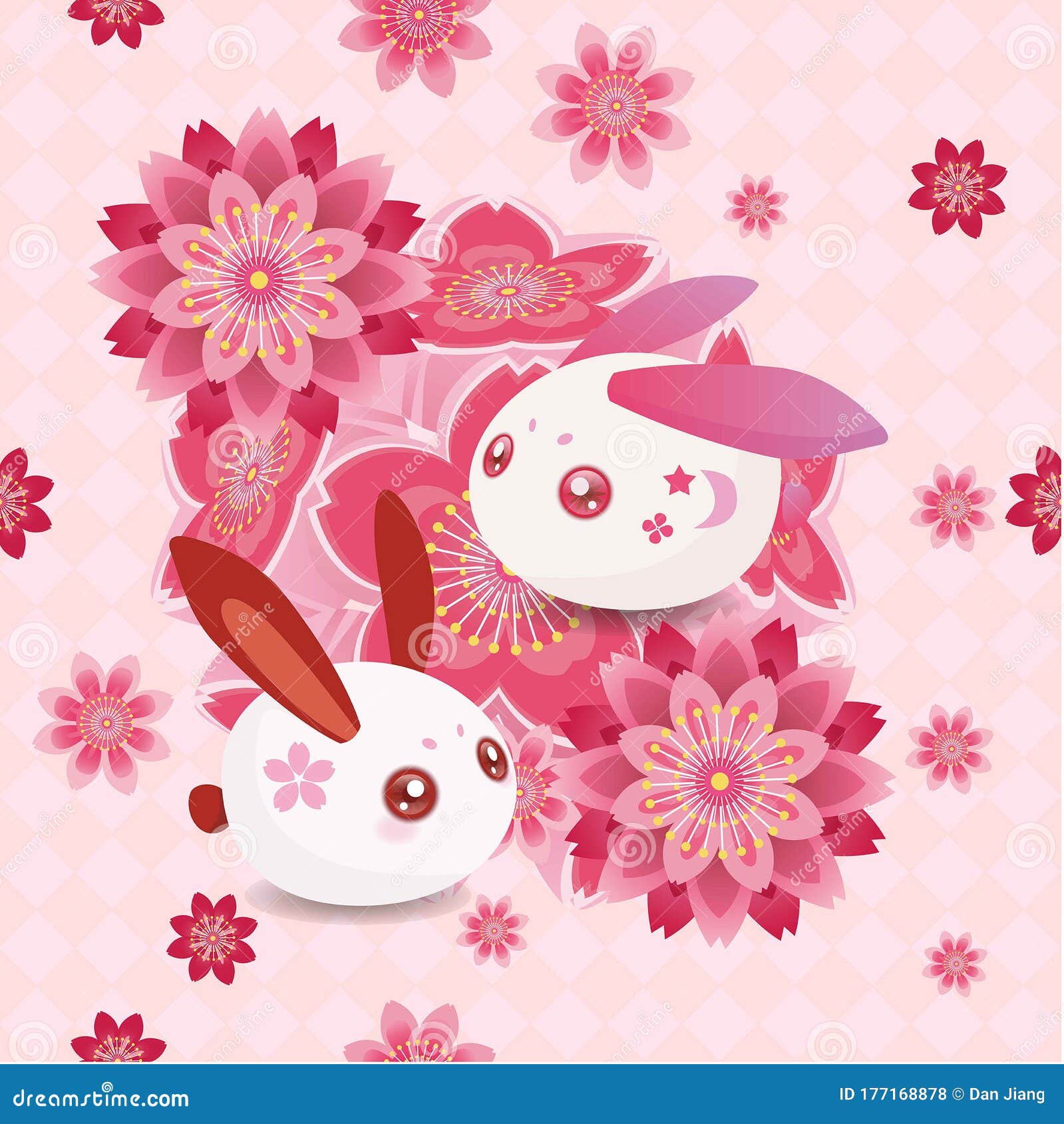 Rabbit and Sakura Pink Seamless Background, Cute Red Ears Bunny, Vector ...