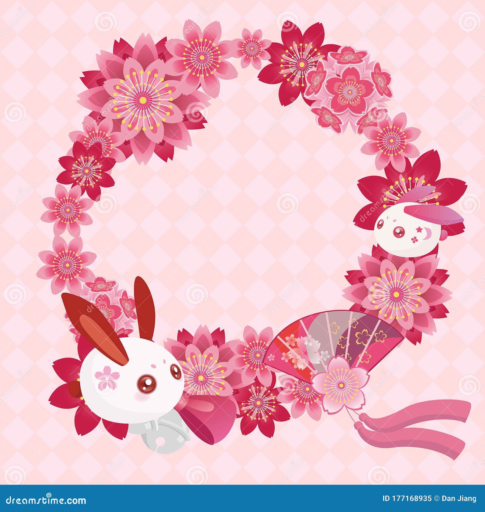 Rabbit and Cherry Blossom Japanese Fan Bow Bells Pink Garland Seamless ...