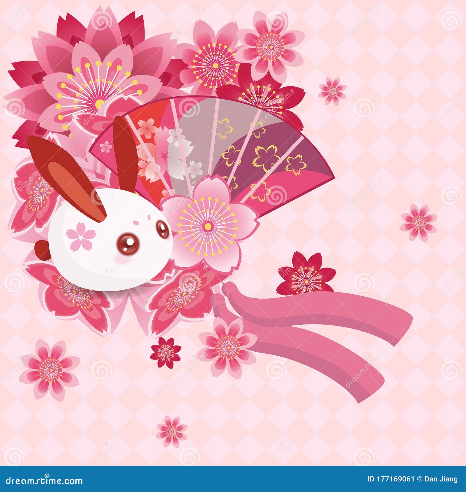 Rabbit and Sakura Japanese Fan Pink Seamless Background, Cute Red Ears ...