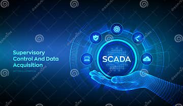SCADA System Icon in Wireframe Hand. Supervisory Control and Data ...