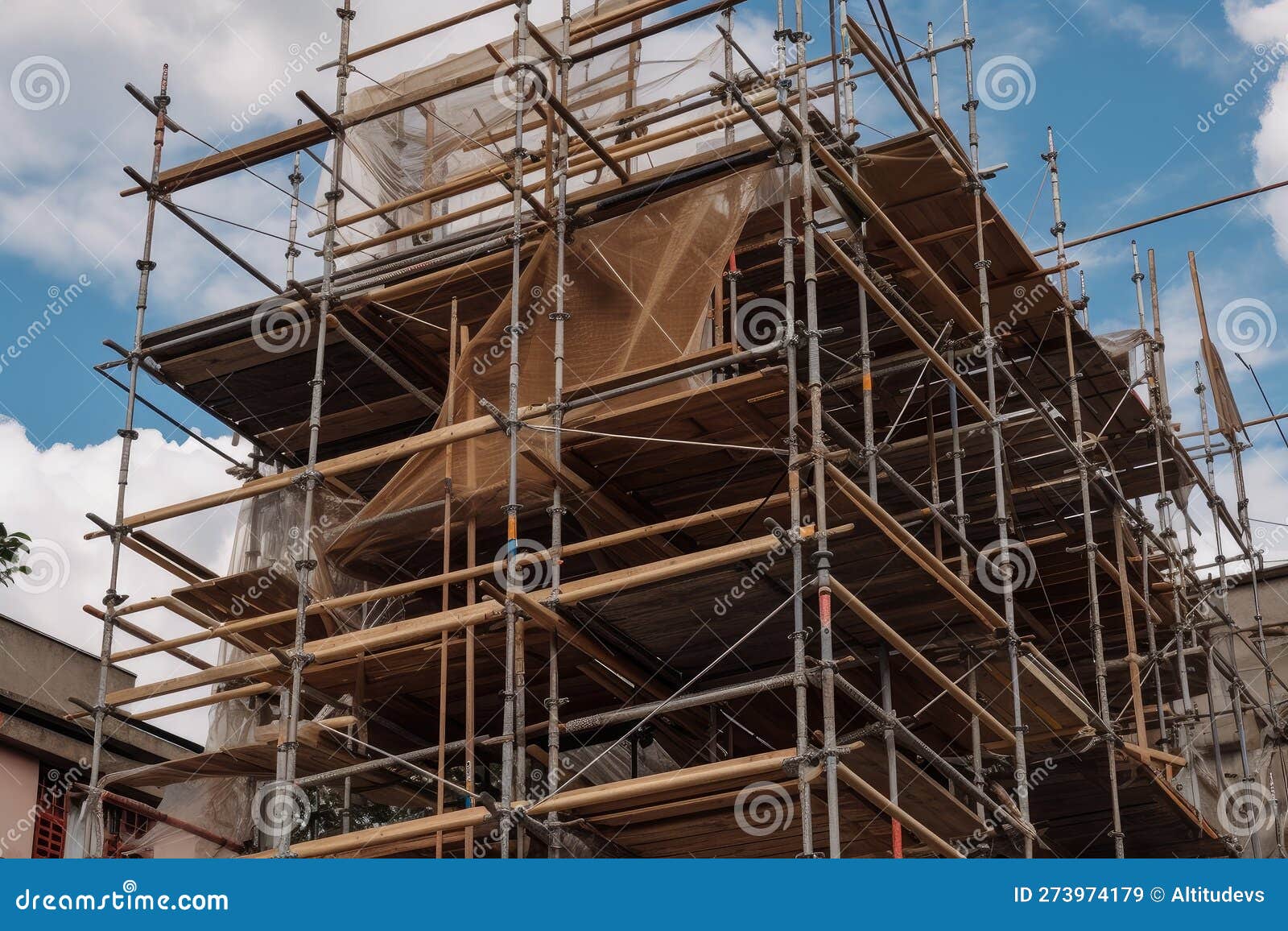 A Scaffold in the Process of Being Raised, with Ropes and Metal Hooks ...
