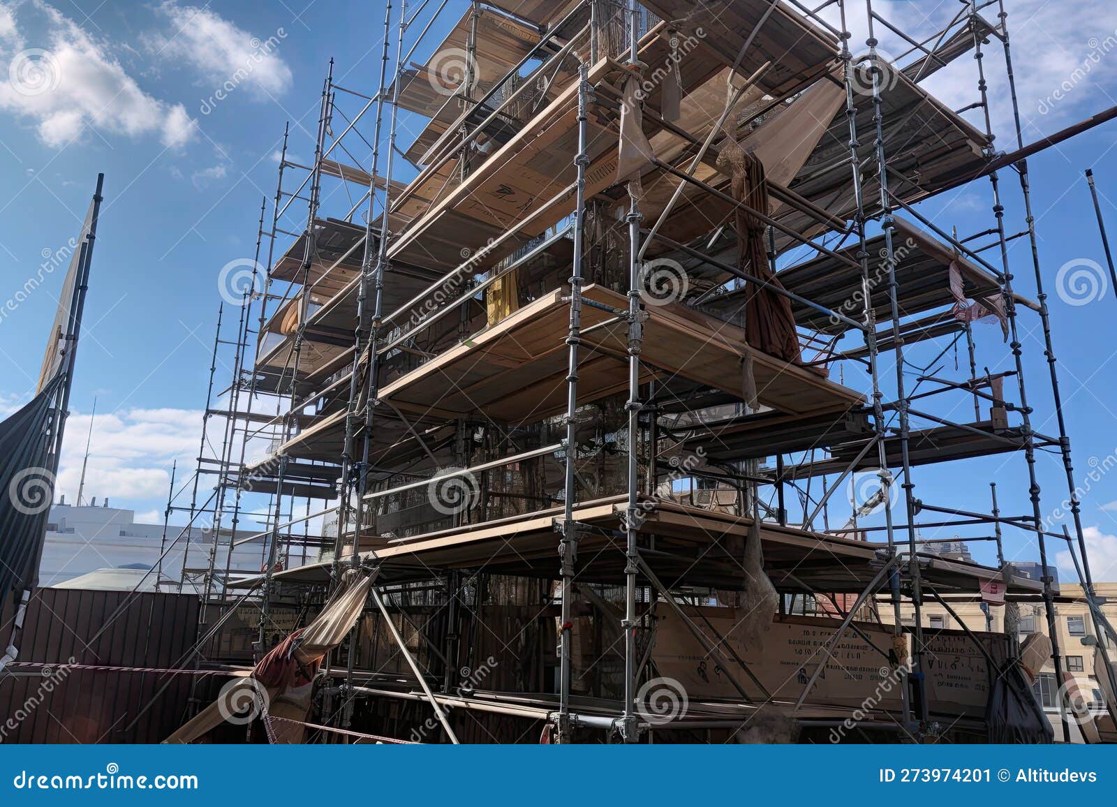 A Scaffold in the Process of Being Raised, with Ropes and Metal Hooks ...