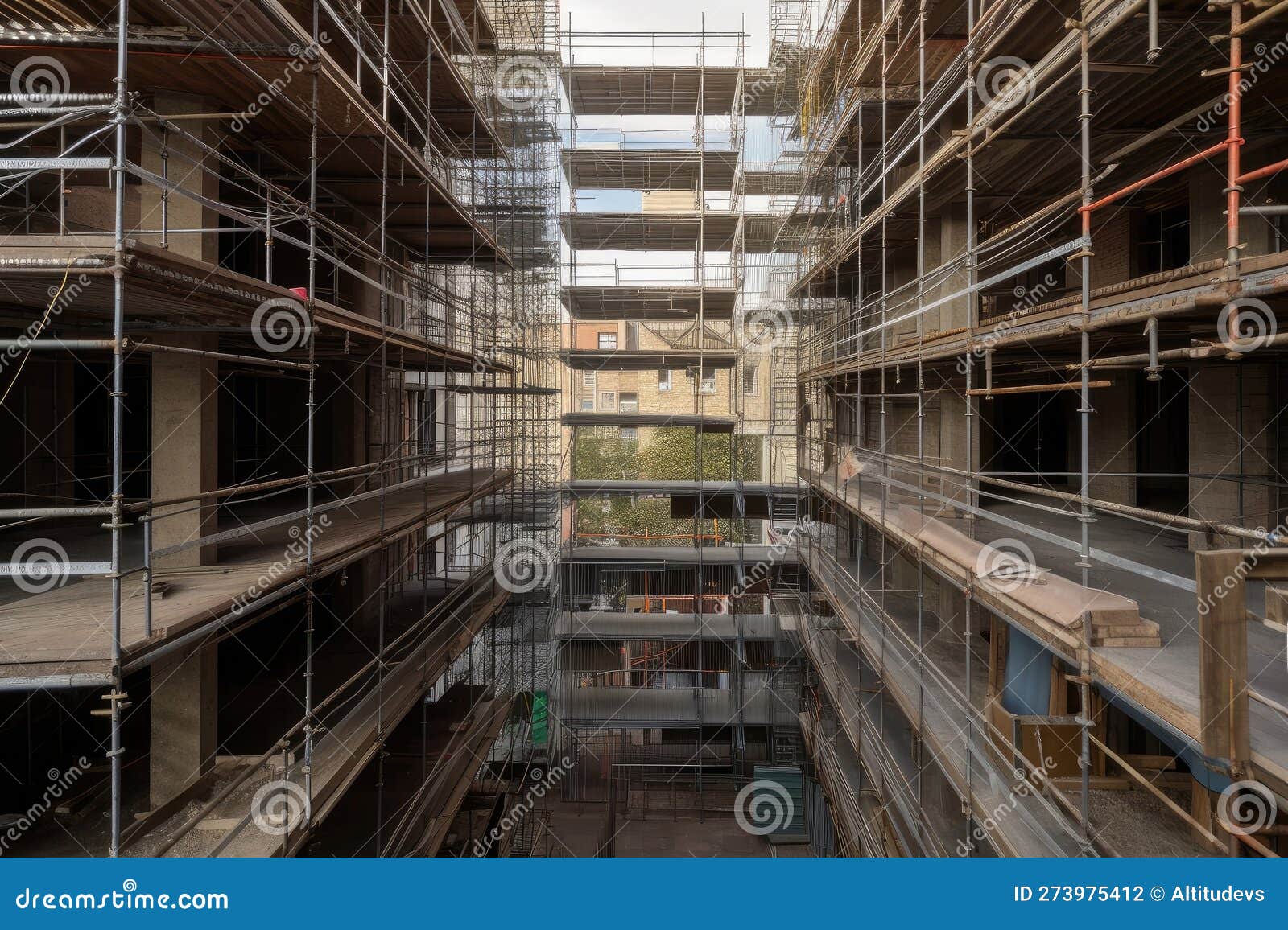 Scaffold with View of Construction Site, with Builders Working on the ...