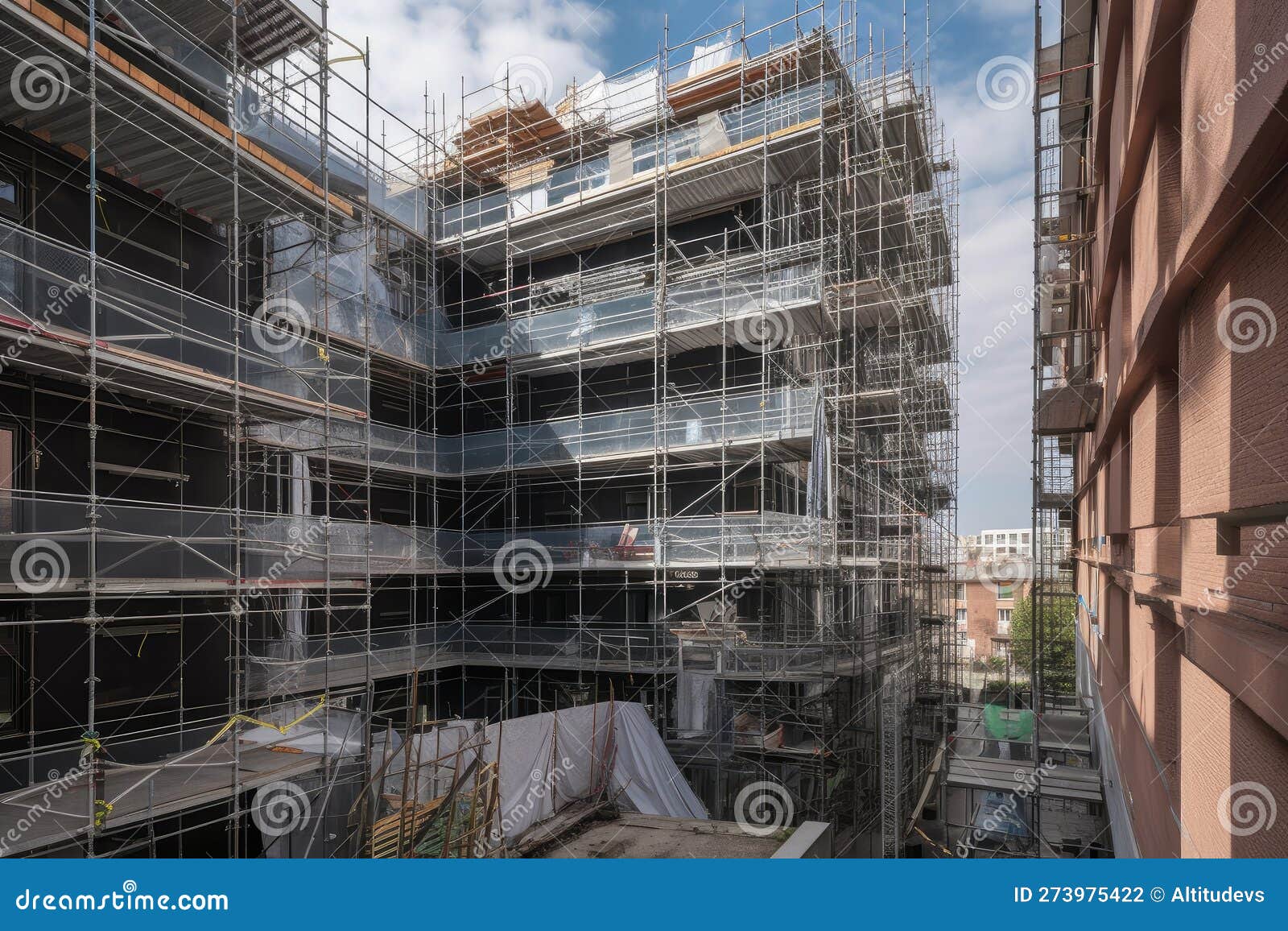Scaffold With View Of Construction Site, With Builders Working On The ...