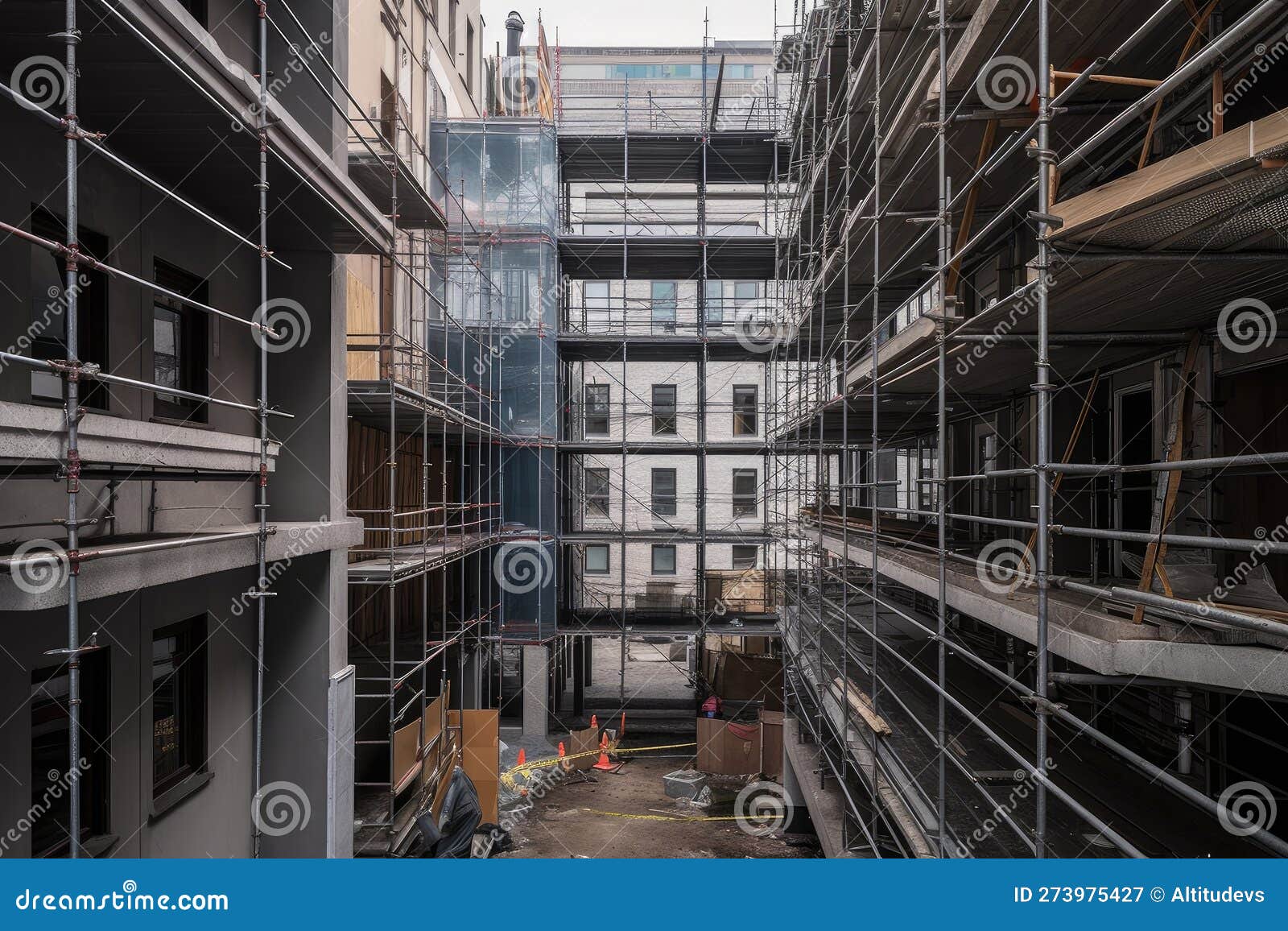 Scaffold with View of Construction Site, with Builders Working on the ...