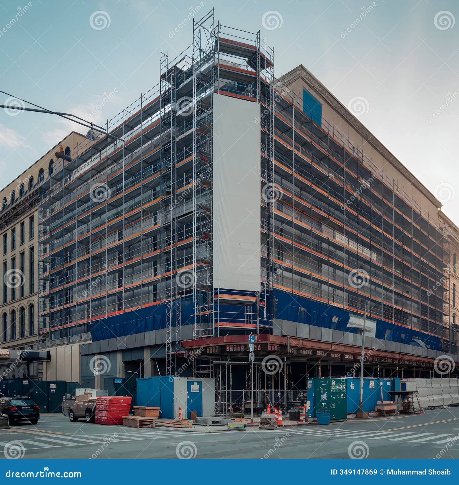Scaffolded Building Features White Banner Amid Active Construction ...