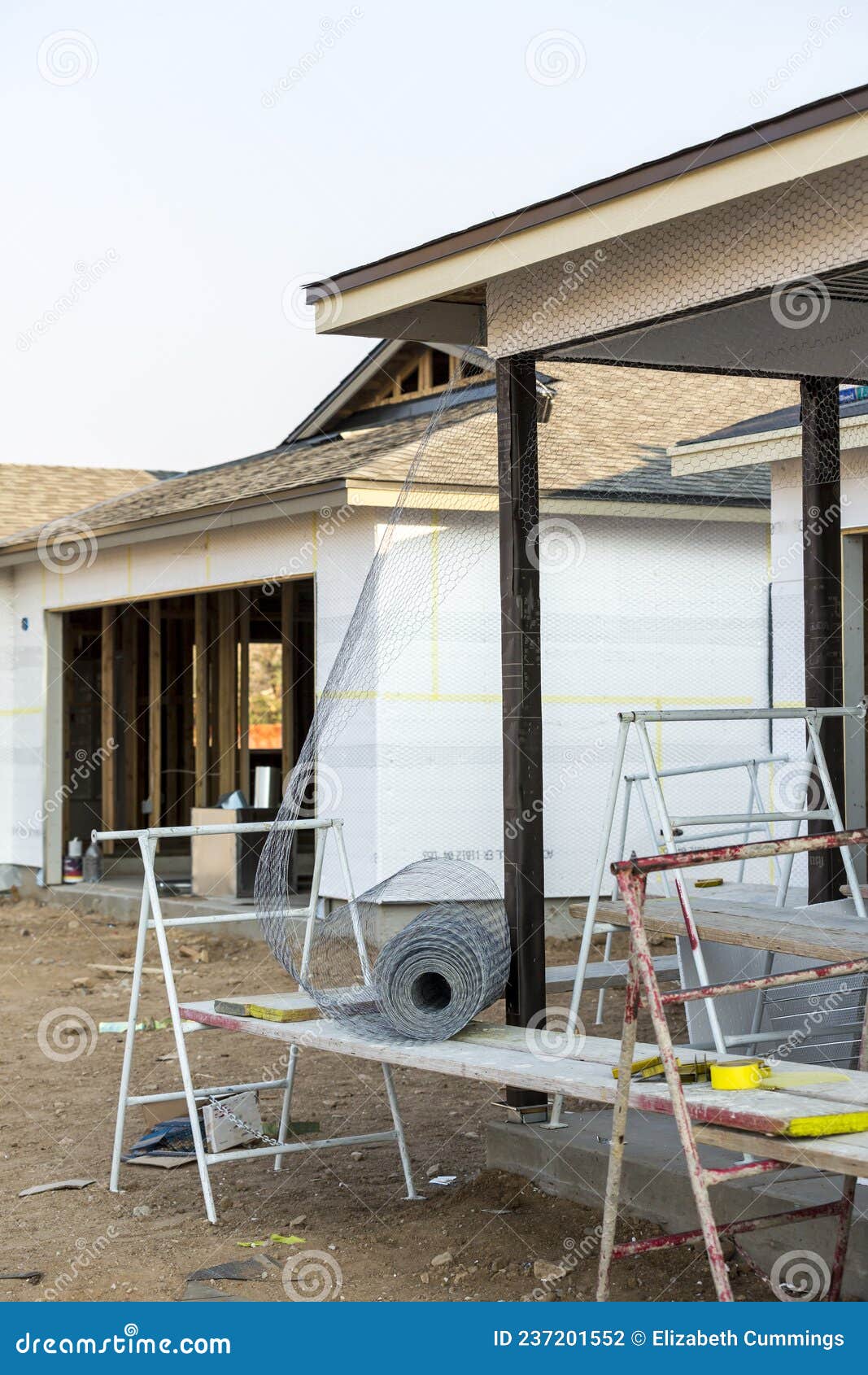 Scaffolding Holding Net Wire and Construction Workers Tools Outside New ...