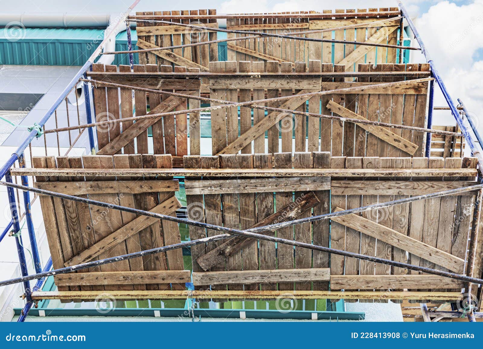 Scaffolding with Wooden Decks, Bottom View. Performing Construction ...