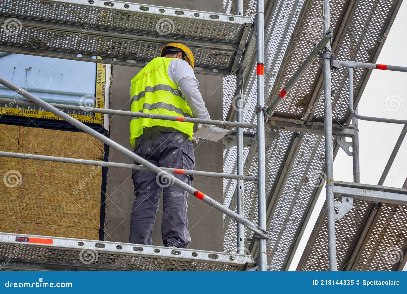 Scaffolding Worker Plastering Wall with Trowel Editorial Image - Image ...