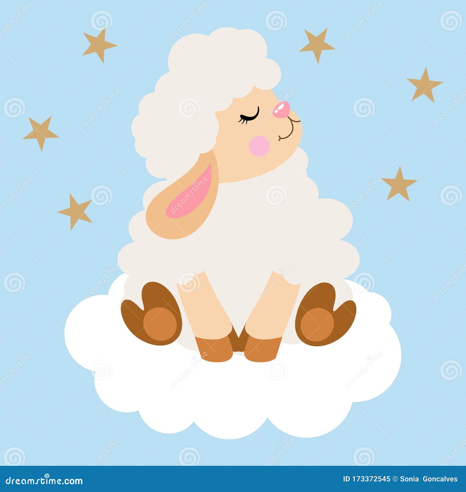 Cute Sheep Sitting on Cloud in Blue Sky Stock Vector - Illustration of ...