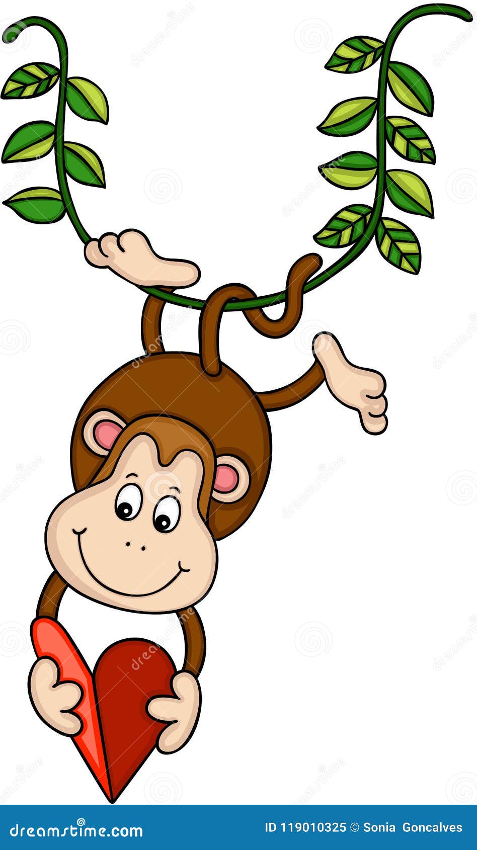Hanging Monkey Holding A Red Heart Stock Vector - Illustration of cute ...