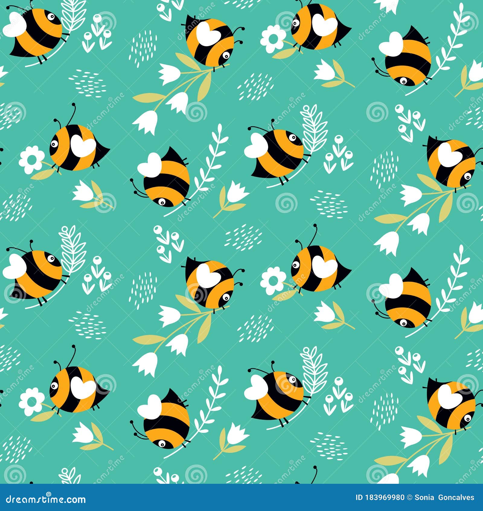Seamless Blue Background of Cute Bees with Flowers Stock Vector ...