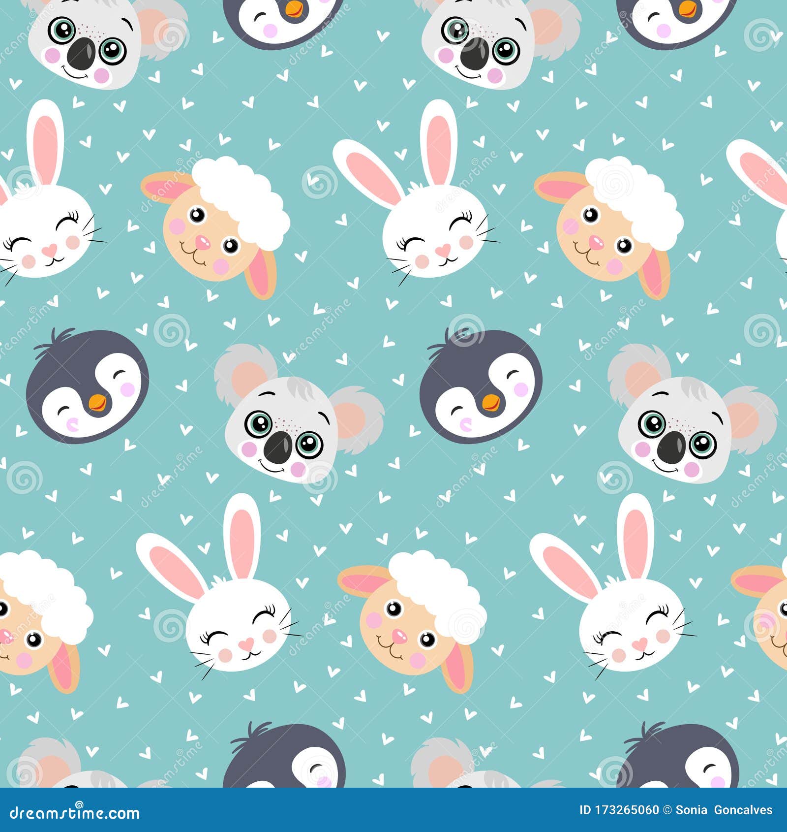 Seamless Pattern with Cute Animal Faces Stock Vector - Illustration of ...