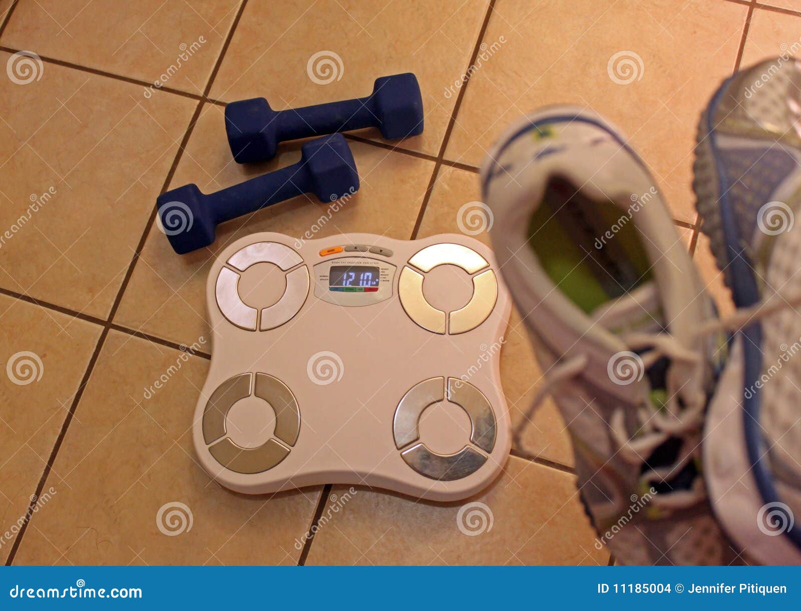 Scale, dumbbells and shoes stock photo. Image of monitor - 11185004