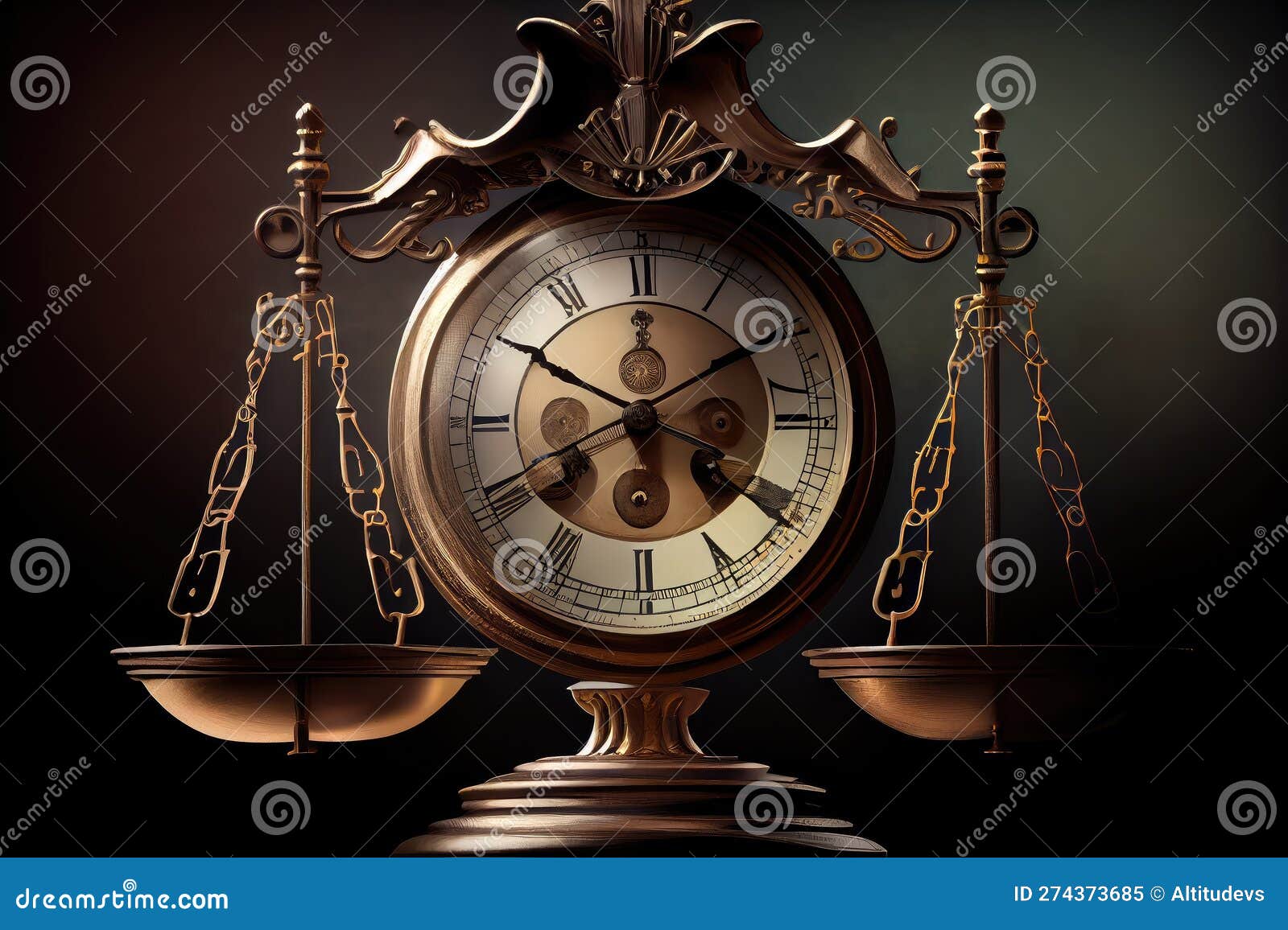 Scale of Justice, with Clock in the Background, Symbolizing Time and ...
