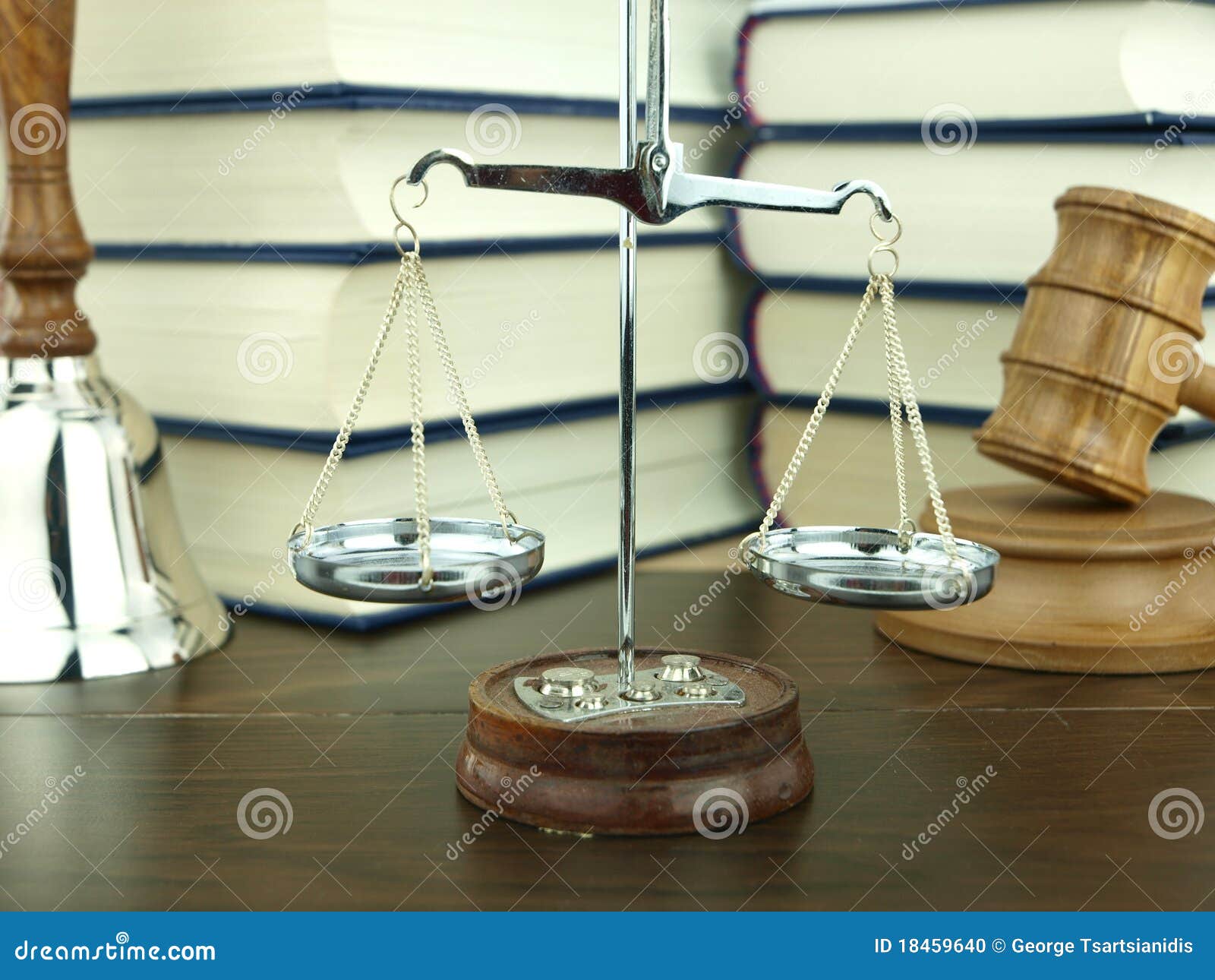 Scale of Justice, Hand Bell and Judges Gavel Stock Photo - Image of ...
