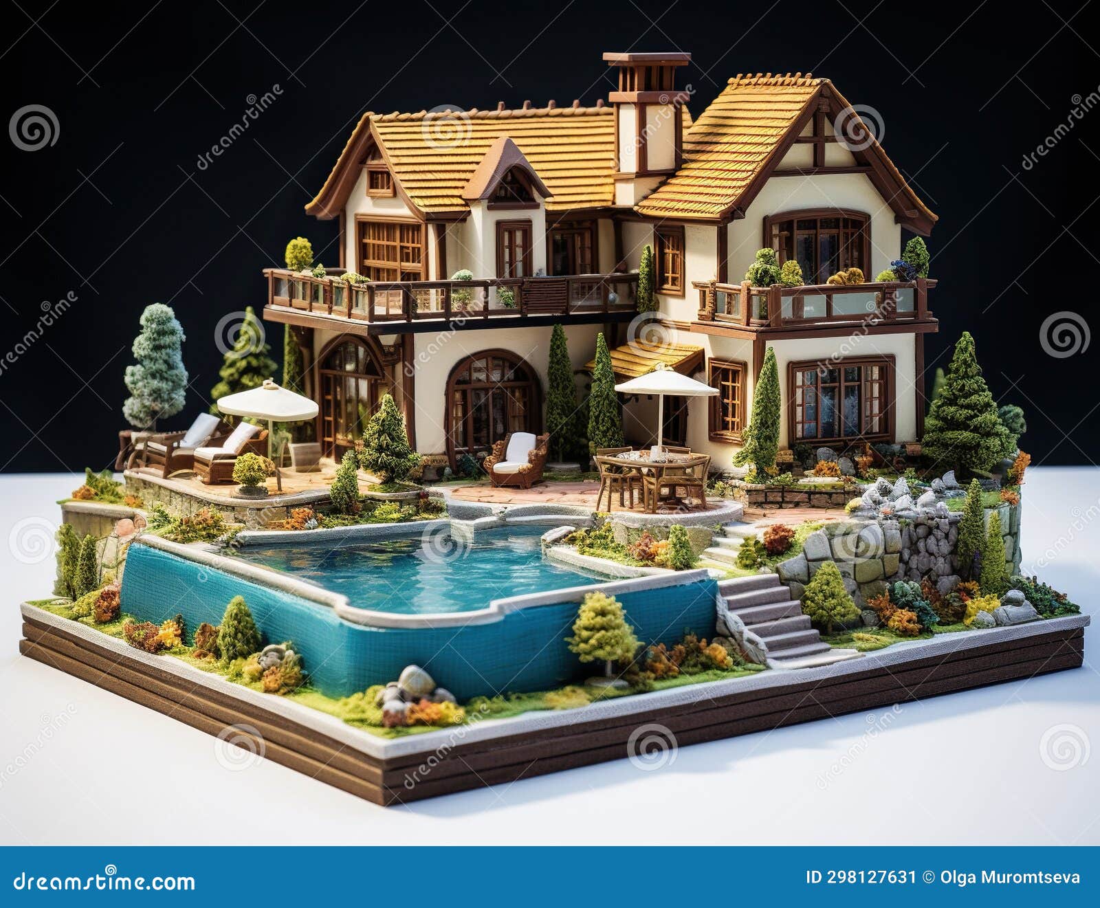A Scale Model of a Luxurious Mansion with a Pool and Landscape Design ...