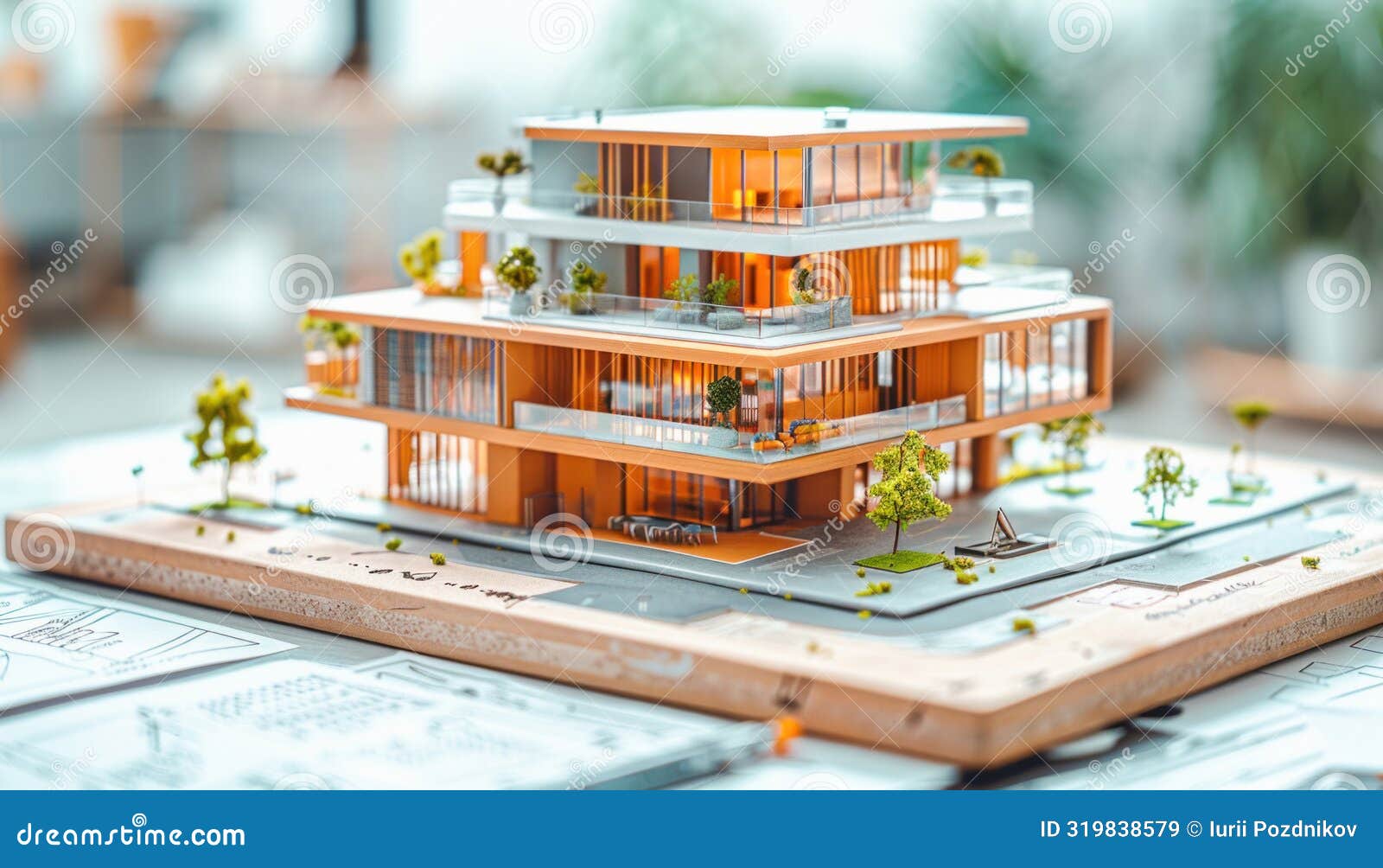 A Scale Model of a Small House is Placed on a Wooden Table in an Urban ...